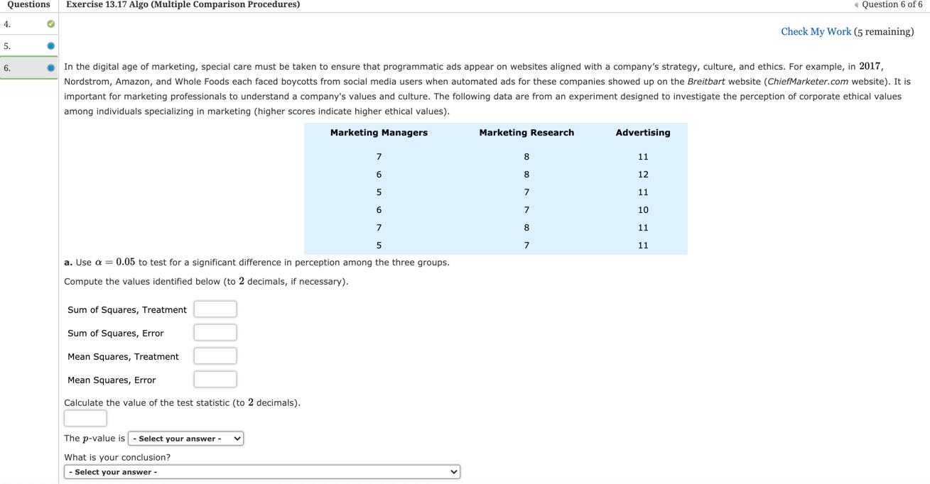 Solved Questions Exercise 13.17 Algo (Multiple Comparison | Chegg.com