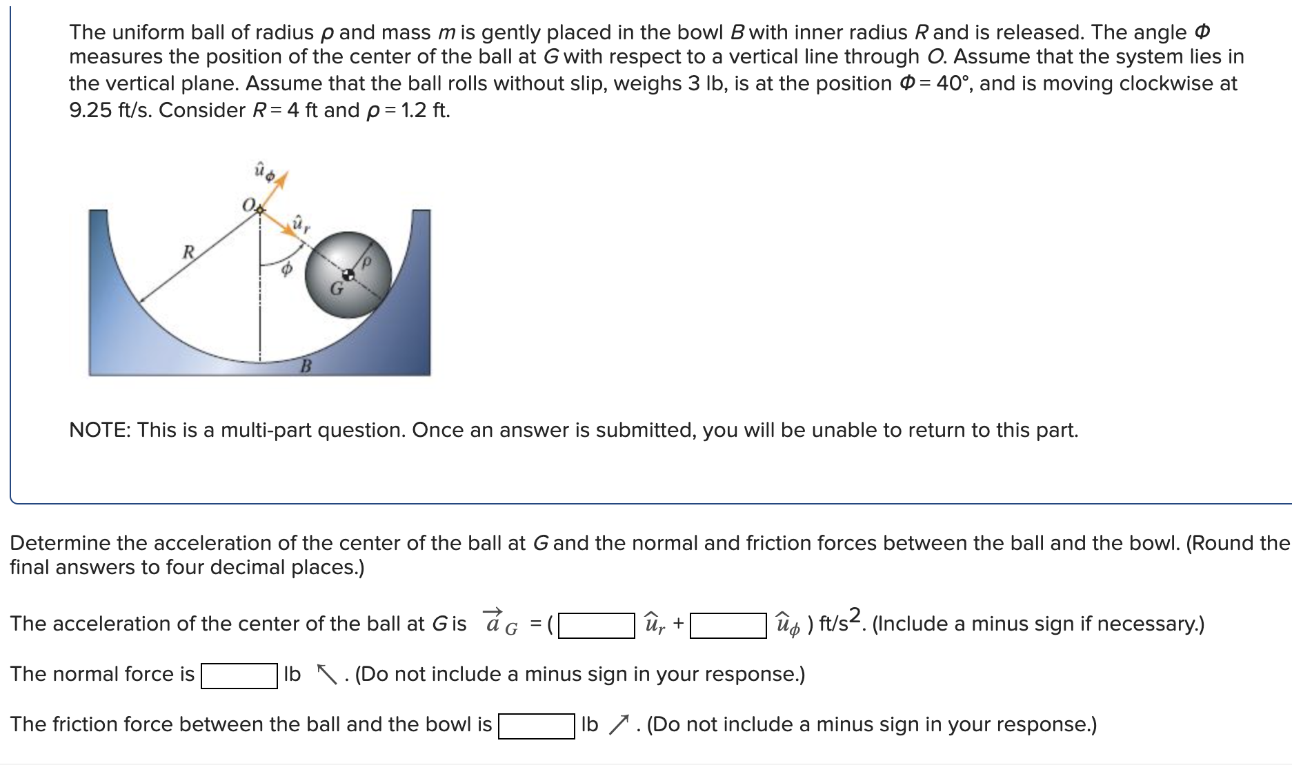 Solved The uniform ball of radius ρ and mass m is gently | Chegg.com