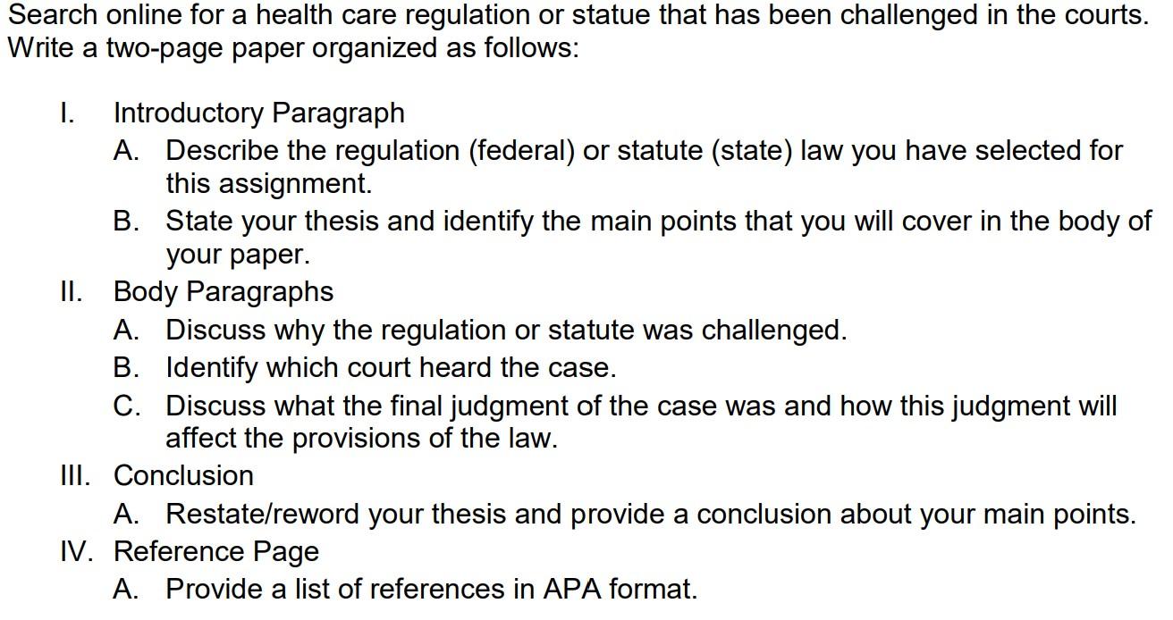 Solved Search online for a health care regulation or statue | Chegg.com