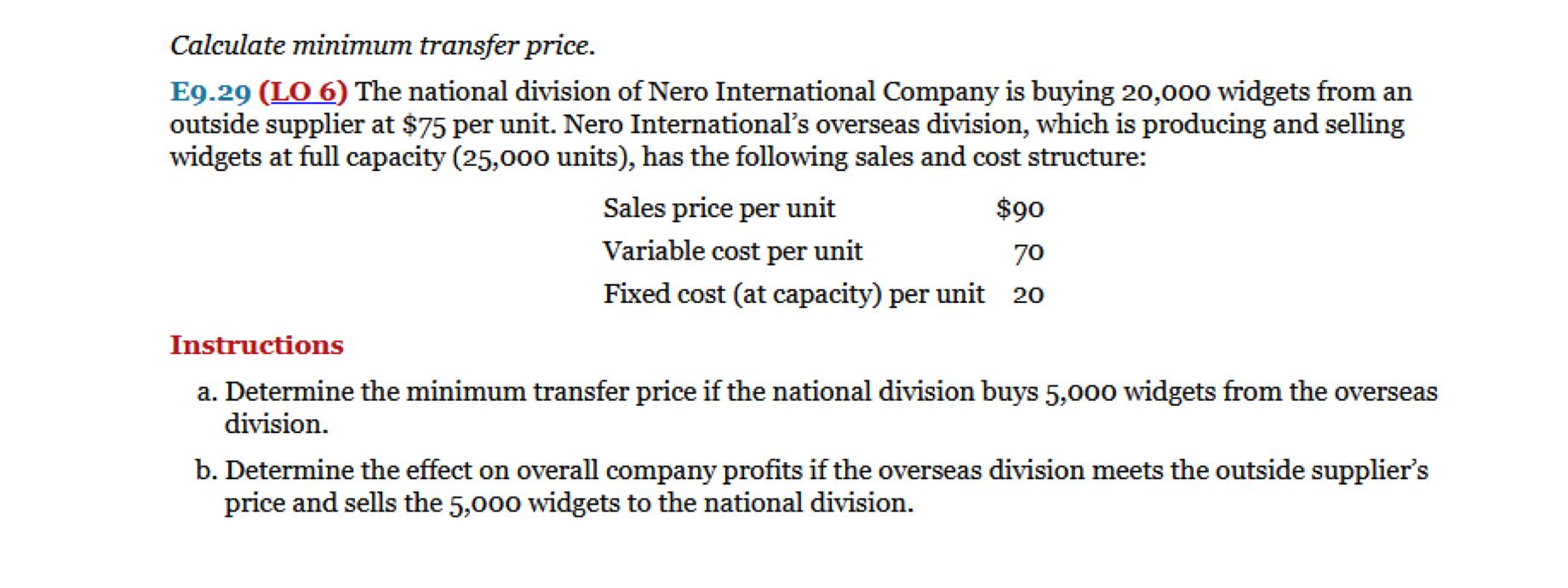 Solved Calculate minimum transfer price. E9.29 (LO 6) The | Chegg.com