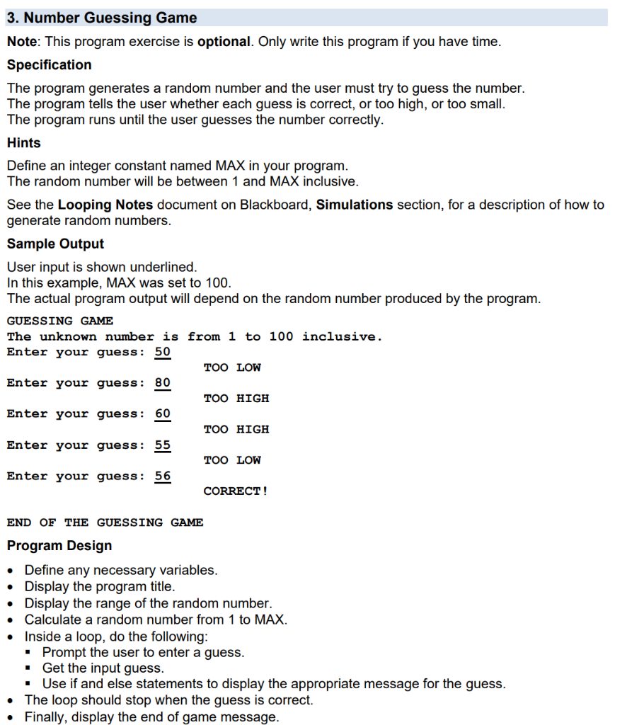 Solved 3. Number Guessing Game Note: This program exercise | Chegg.com