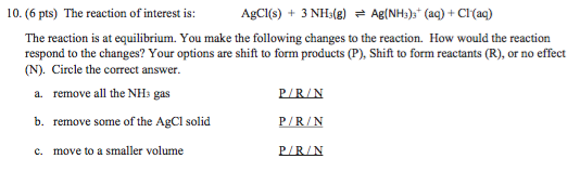 Solved 10. (6pts) The reaction of interest is: AgCl(s)+3NH3( | Chegg.com