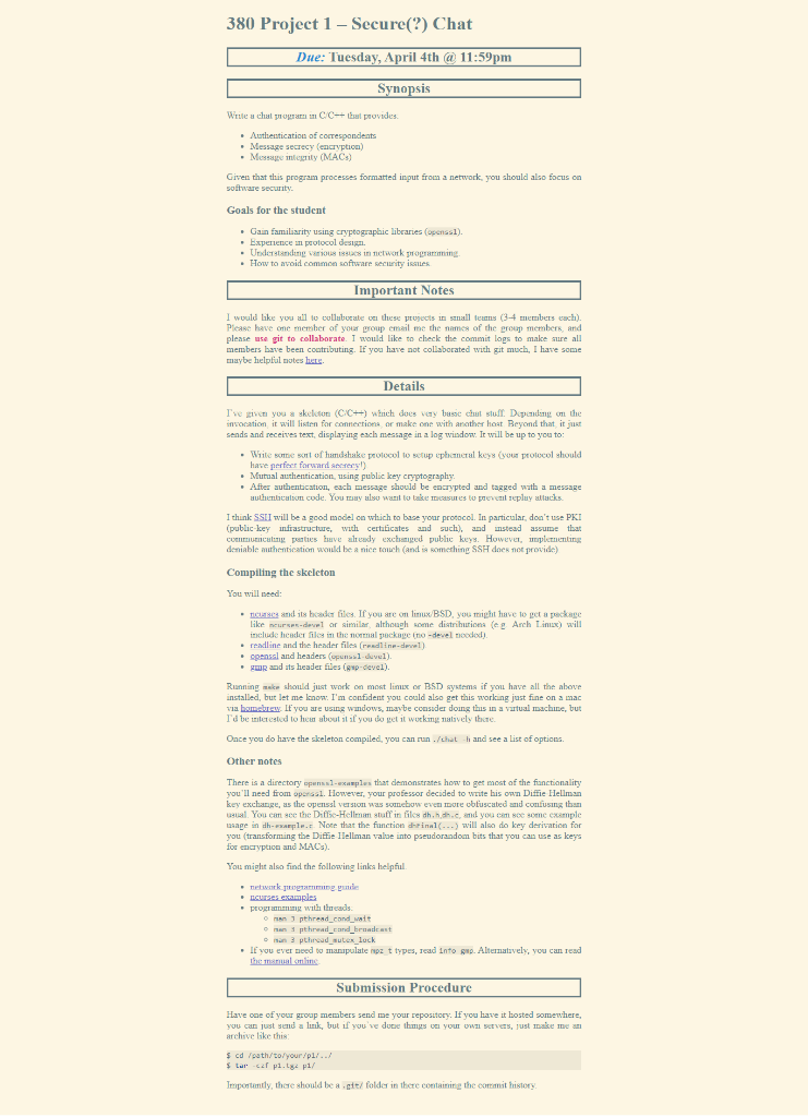 Solved 380 Project 1 - Secure(?) Chat Due: Iuesday, April | Chegg.com