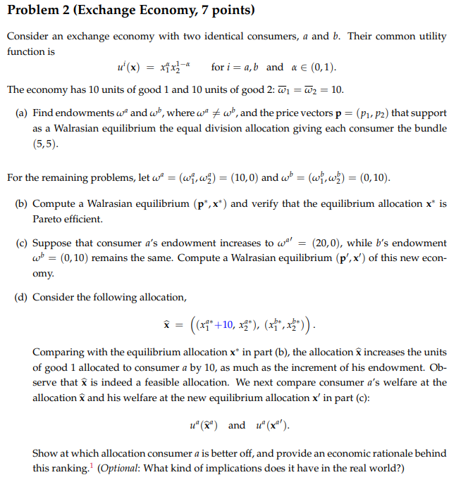 Problem 2 (Exchange Economy, 7 points) Consider an | Chegg.com