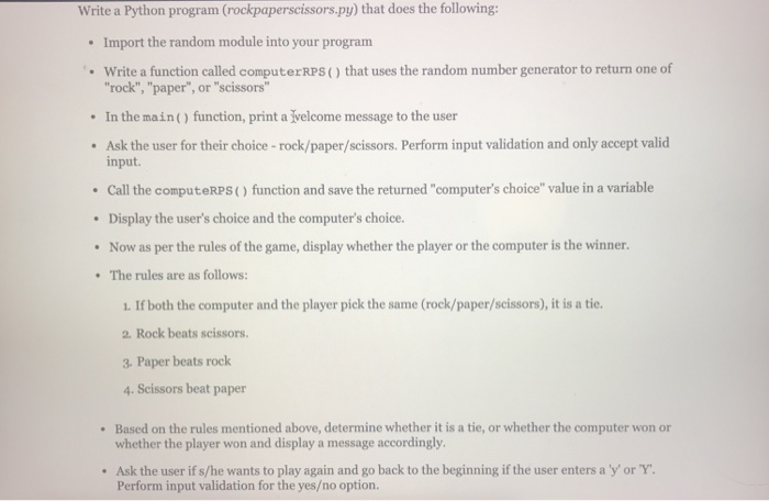 Solved Write a Python program (rockpaperscissors.py) that | Chegg.com