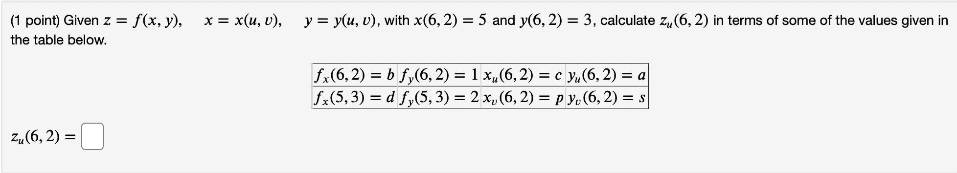 Solved (1 point) Given z=f(x,y),x=x(u,v),y=y(u,v), with | Chegg.com