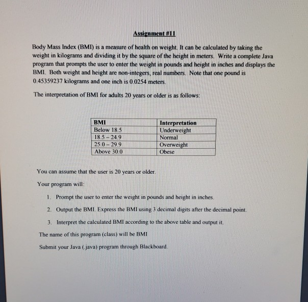 Solved Assignment#11 Body Mass Index (BMI) is a measure of | Chegg.com