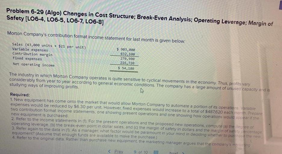 Solved Problem 6-29 (Algo) Changes in Cost Structure; | Chegg.com
