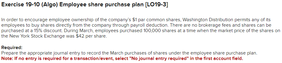 Solved Exercise 19-10 (Algo) Employee share purchase plan | Chegg.com