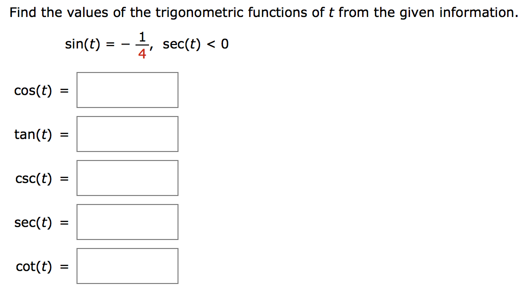Solved Find the values of the trigonometric functions of t | Chegg.com