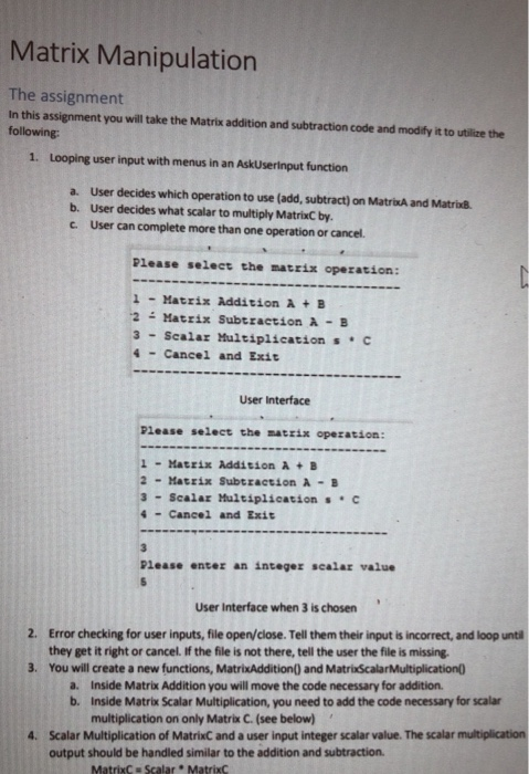 Matrix Manipulation The assignment In this assignment | Chegg.com