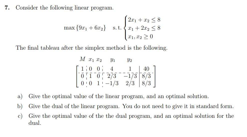 Solved 7. Consider the following linear program 2x1 + x2 K 8 | Chegg.com