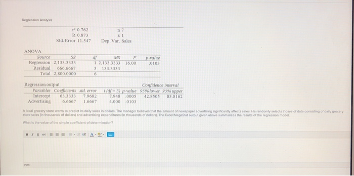 Solved Regression Analysis r 0.762 n 7 R 0.873 k 1 Std. | Chegg.com