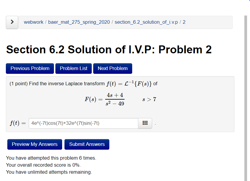 Solved webwork / baer_mat_275_spring_2020 / | Chegg.com