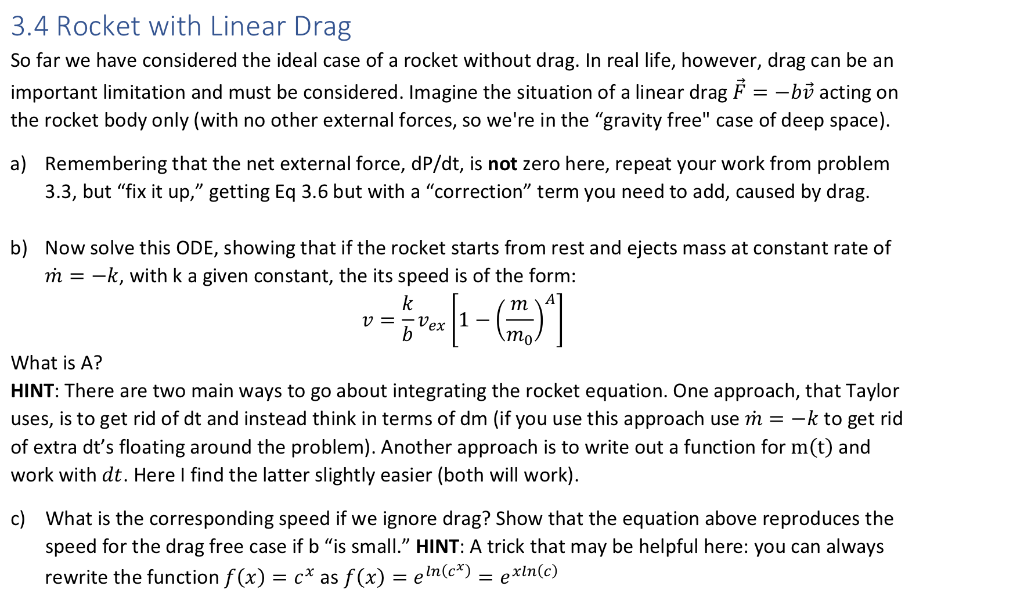 Solved 3.4 Rocket with Linear Drag So far we have considered | Chegg.com