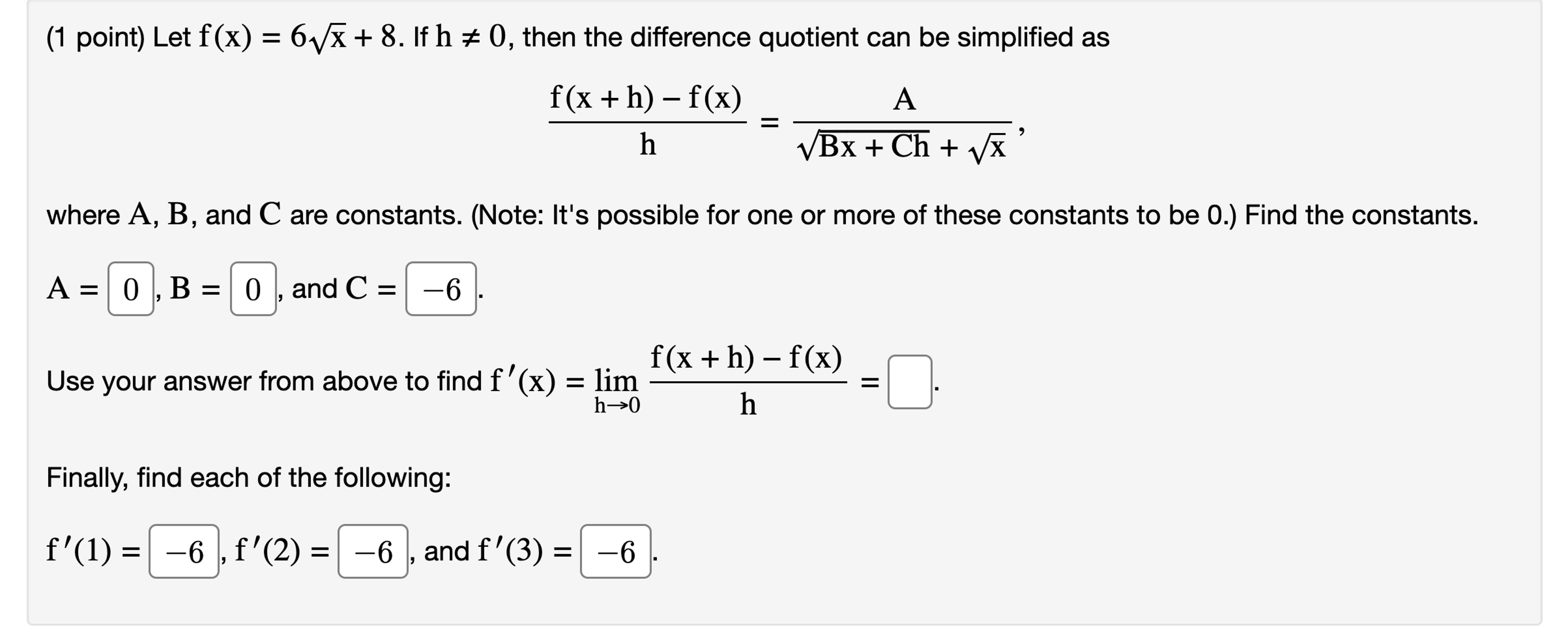 Solved (1 point) Let f(x)=6x2+8. If h≠0, then the | Chegg.com Solved (1 point) Let f(x)=6x2+8. If h≠0, then the | Chegg.com