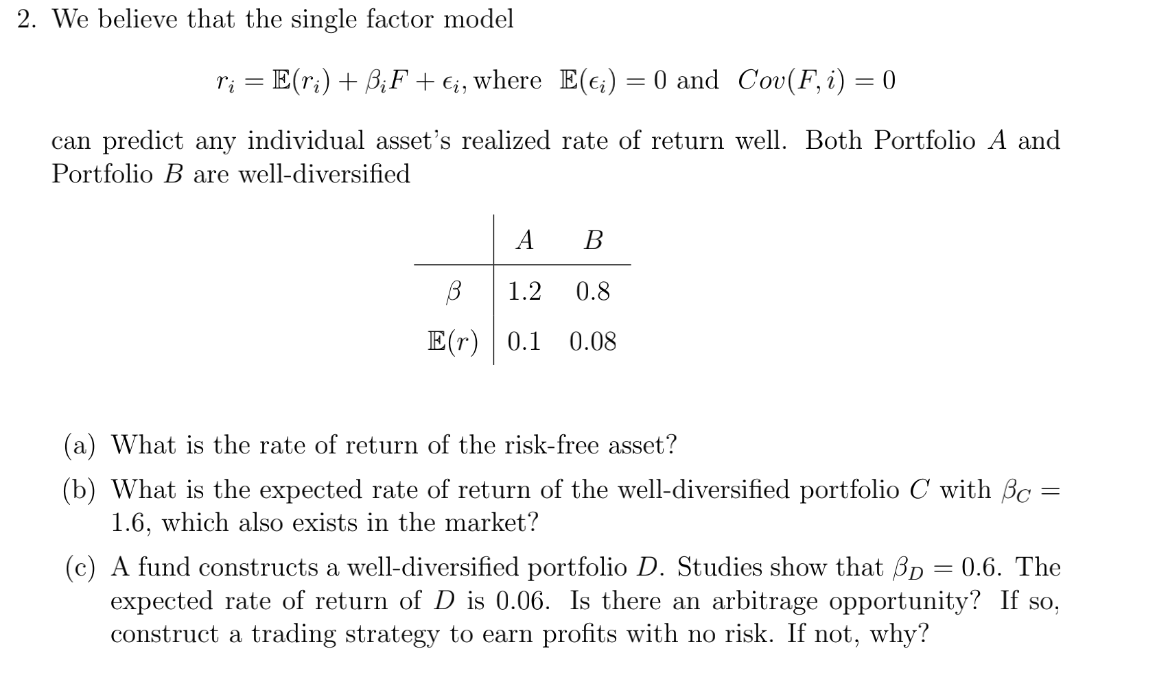 2. We believe that the single factor model ri = Eri) | Chegg.com