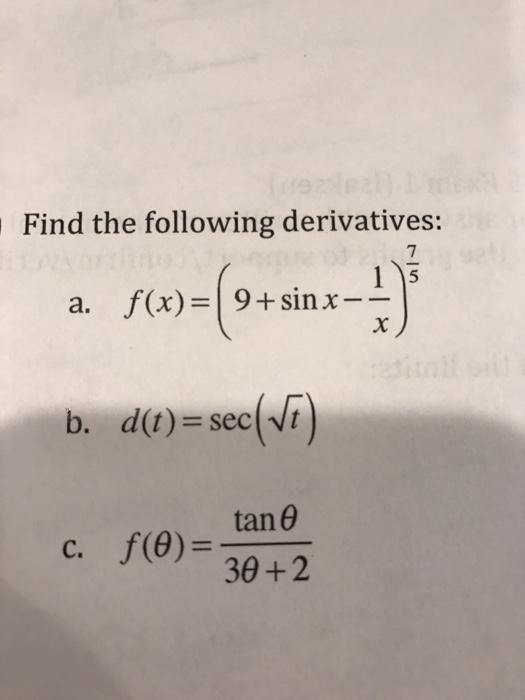 Solved Find the following derivatives: f(x) = (9 + sin x - | Chegg.com