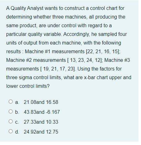 Solved A Quality Analyst wants to construct a control chart | Chegg.com
