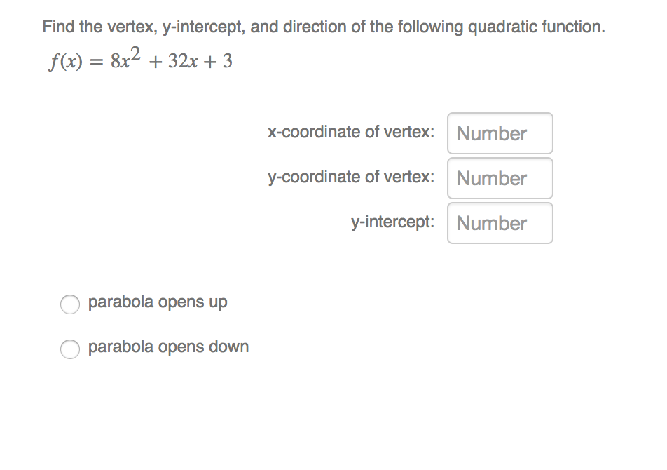 Solved Find the vertex, y-intercept, and direction of the | Chegg.com
