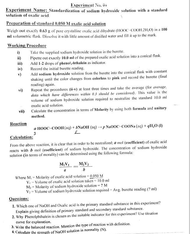 Solved Experiment No. 01 Experiment Name: Standardization of | Chegg.com