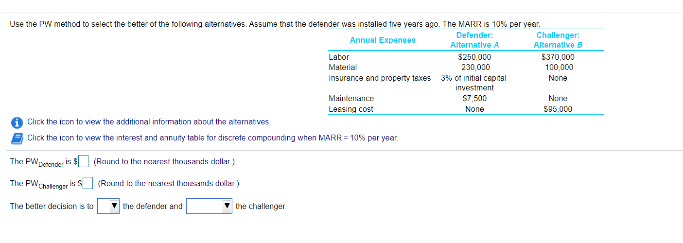 Solved Use the PW method to select the better of the | Chegg.com
