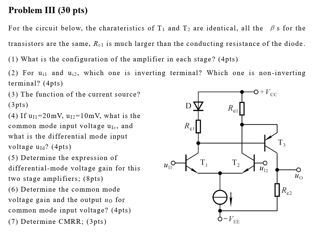 Solved Problem III (30 pts) For the circuit below, the | Chegg.com