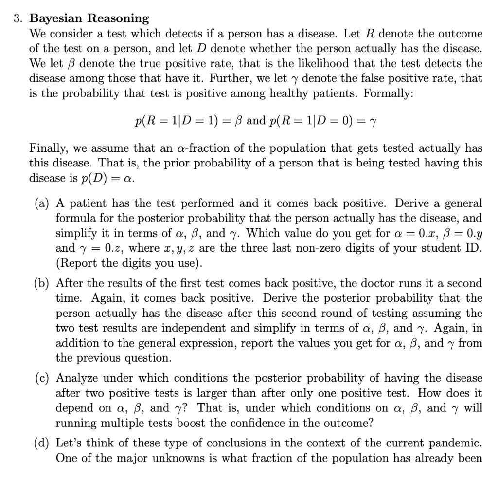 3. Bayesian Reasoning We consider a test which | Chegg.com