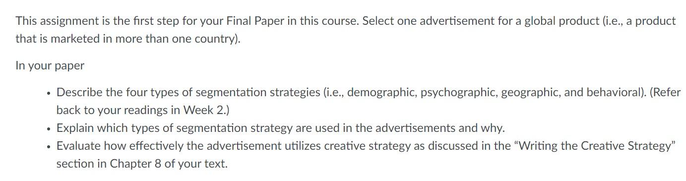 Solved This assignment is the first step for your Final | Chegg.com