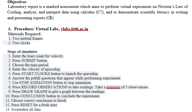 Objectives Laboratory report is a marked assessment | Chegg.com