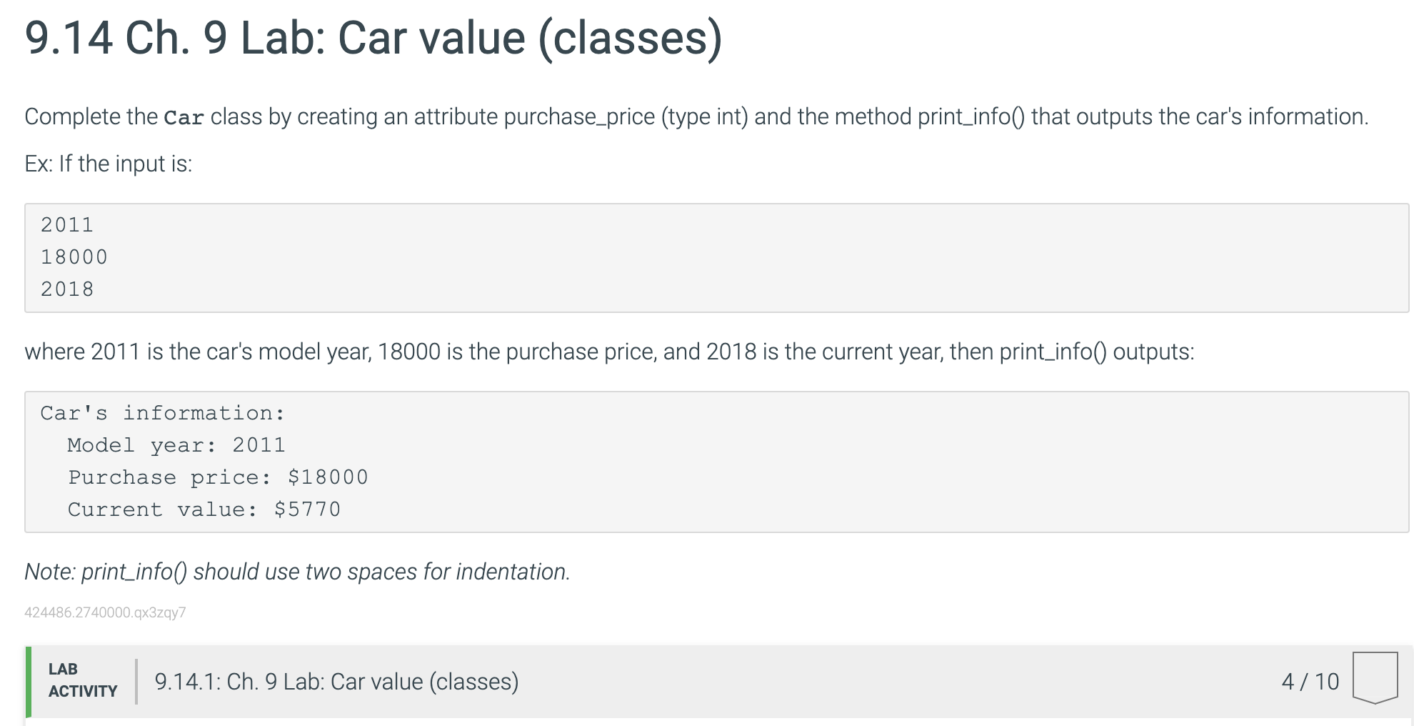 Solved 9.14 Ch. 9 Lab: Car value (classes) Complete the Car | Chegg.com