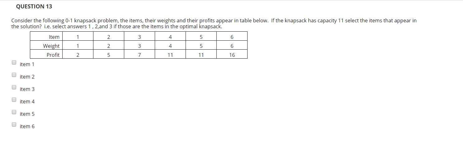 Solved QUESTION 13 Consider the following 0-1 knapsack | Chegg.com