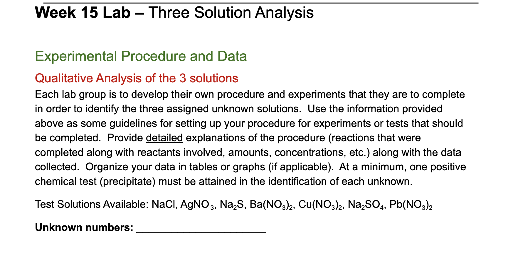 Solved Week 15 Lab – Three Solution Analysis Experimental | Chegg.com