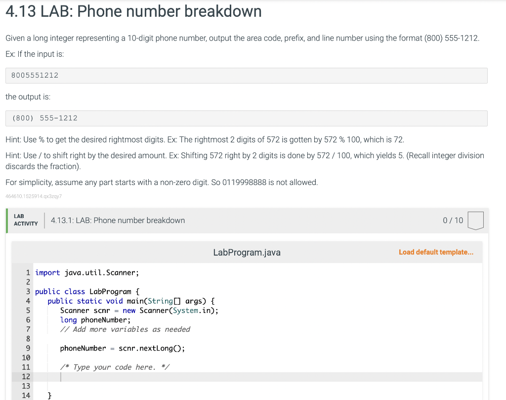 Solved Given a long integer representing a 10-digit phone | Chegg.com