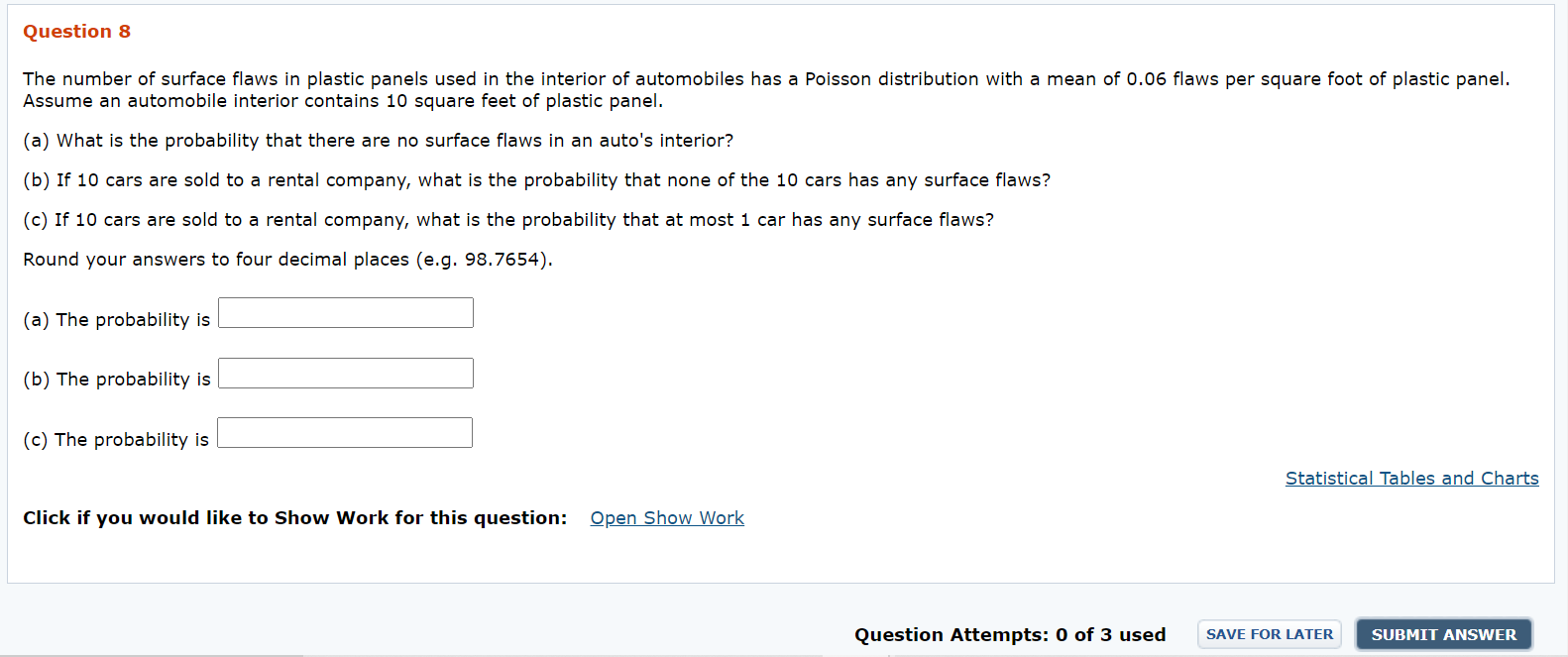 Solved Question 8 The number of surface flaws in plastic | Chegg.com