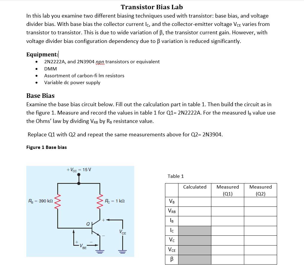 Solved Transistor Bias Lab In this lab you examine two | Chegg.com