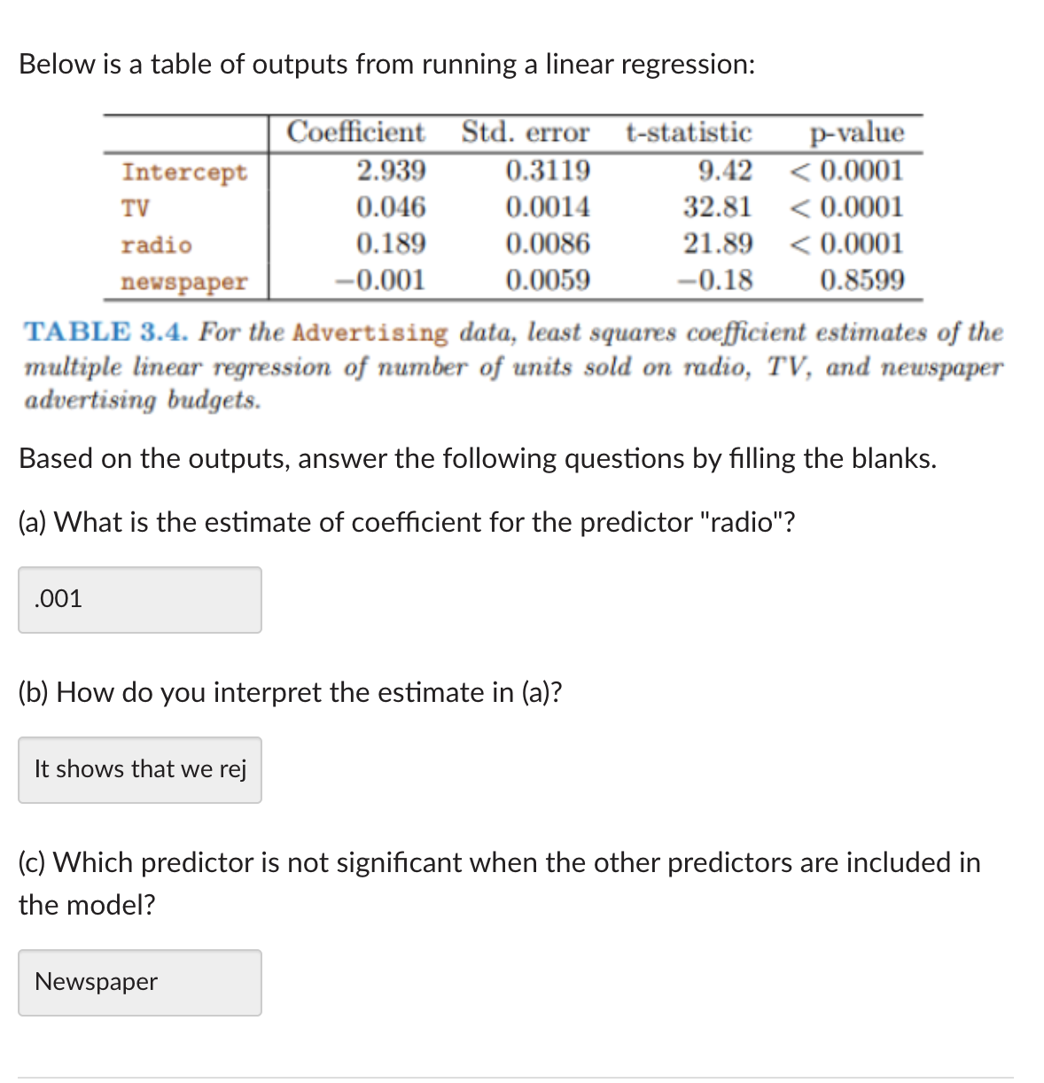 Solved Below is a table of outputs from running a linear | Chegg.com