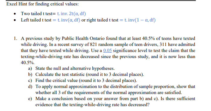 Solved Excel Hint for finding critical values: - Two tailed | Chegg.com