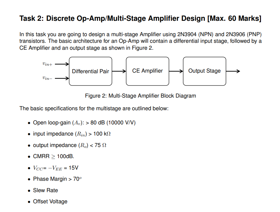 Solved Task 2: Discrete Op-Amp/Multi-Stage Amplifier Design | Chegg.com