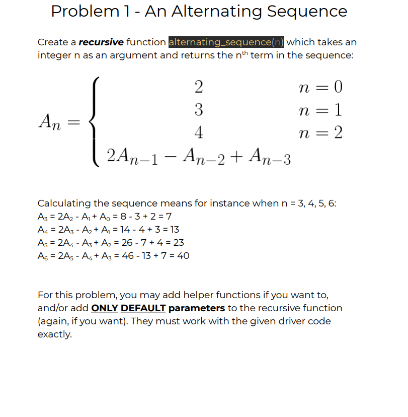 Solved Problem 1 - An Alternating Sequence Create a | Chegg.com