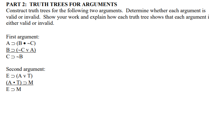 Solved PART 2: TRUTH TREES FOR ARGUMENTS Construct truth | Chegg.com