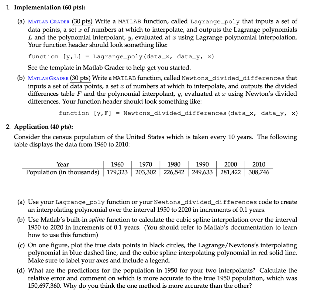 Solved Implementation ( 60pts) : (a) MATLAB GRADER (30 pts) | Chegg.com