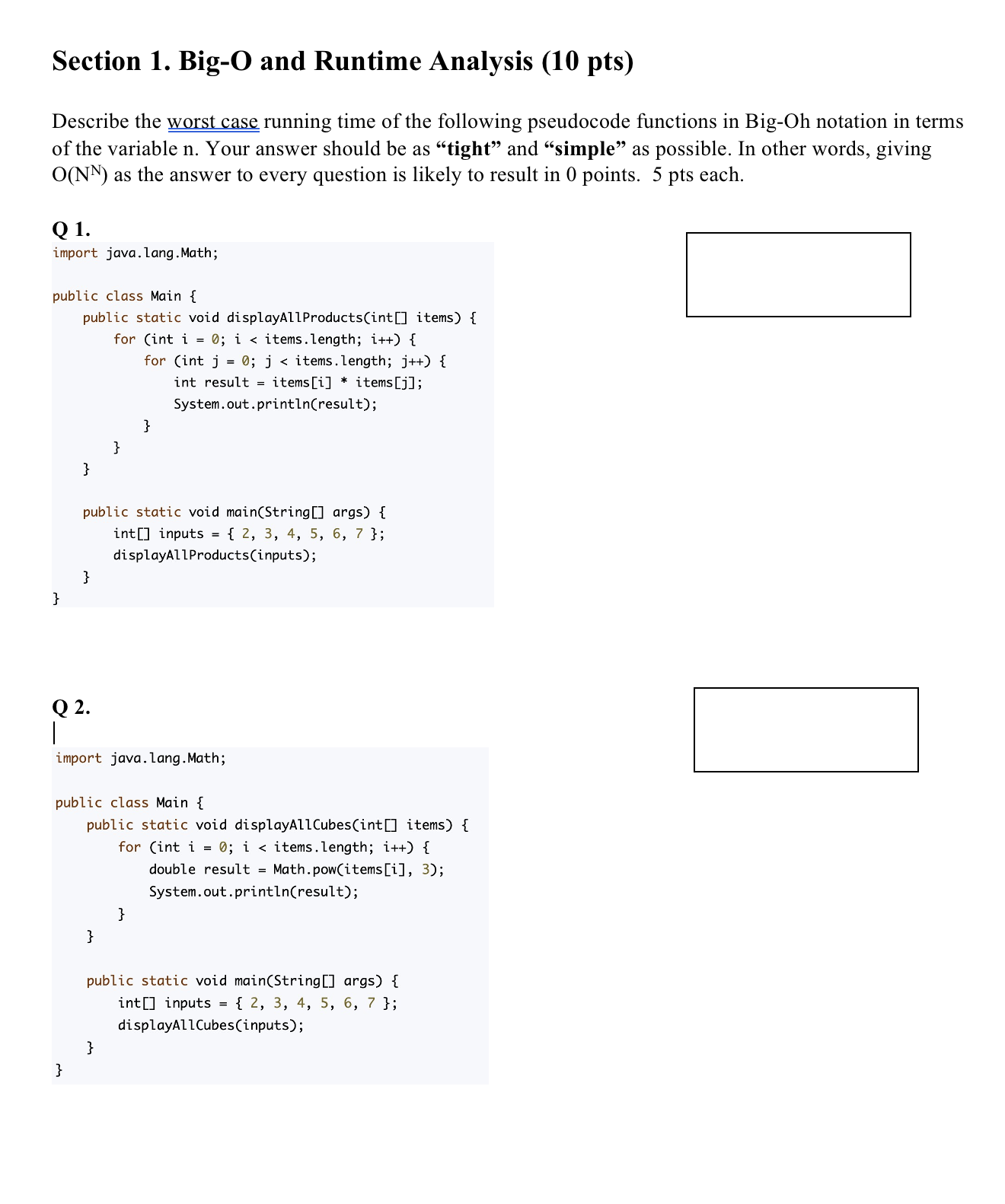 Solved Section 1. Big-O and Runtime Analysis (10 pts) | Chegg.com