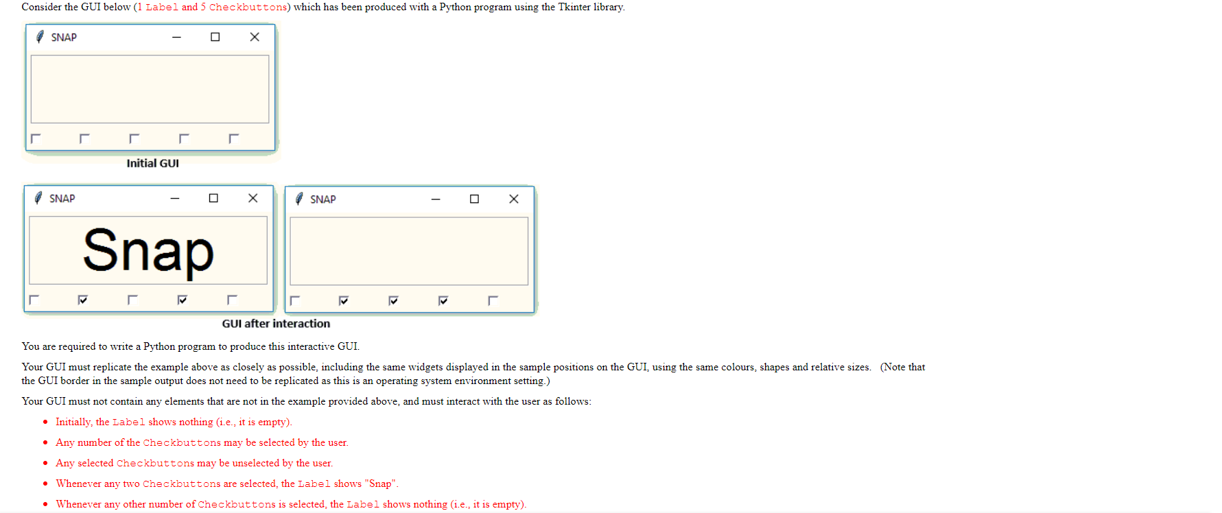 Solved Consider the GUI below (1 Label and 5 checkbuttons) | Chegg.com