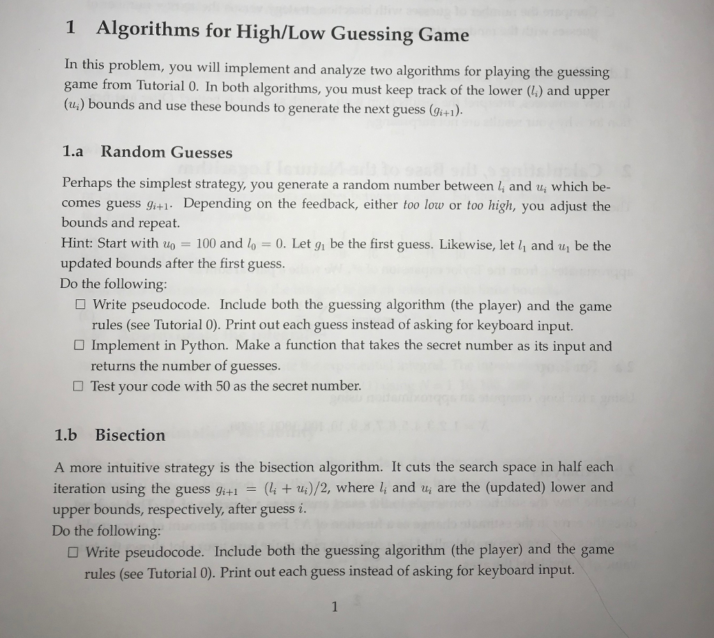 Solved 1 Algorithms for High/Low Guessing Game In this | Chegg.com