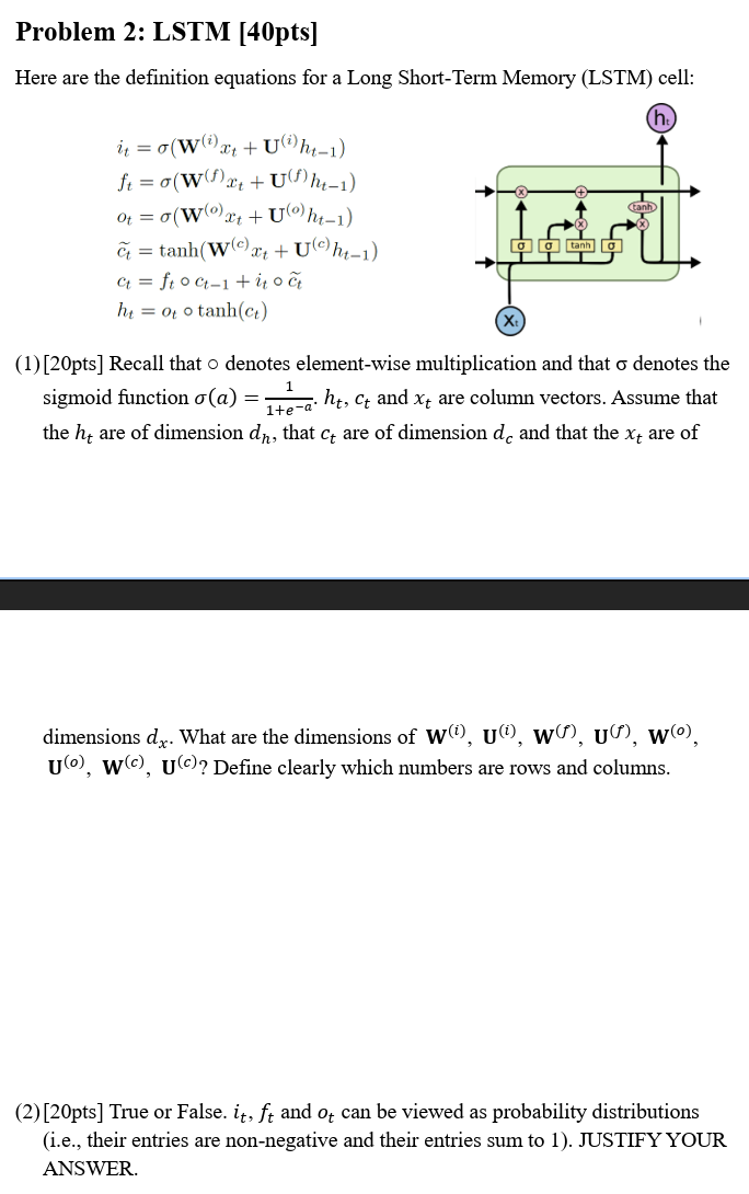 Solved Problem 2: LSTM [40pts]Here are the definition | Chegg.com