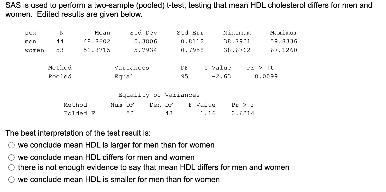Solved SAS is used to perform a two-sample (pooled) t-test, | Chegg.com