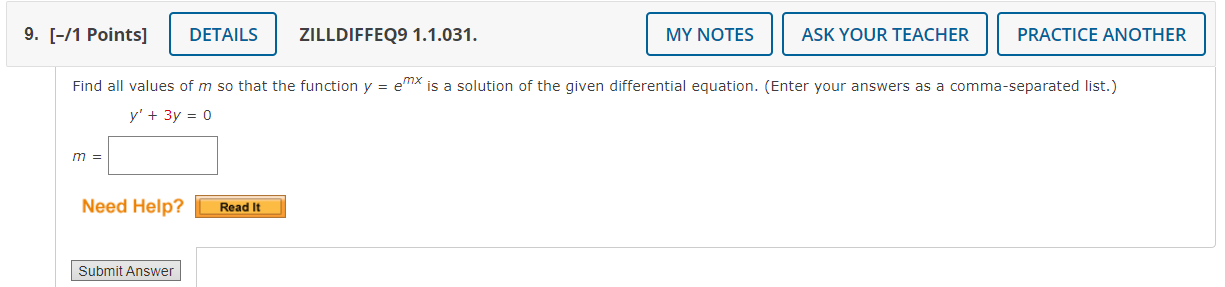 Solved Find all values of m so that the function y=emx is a | Chegg.com