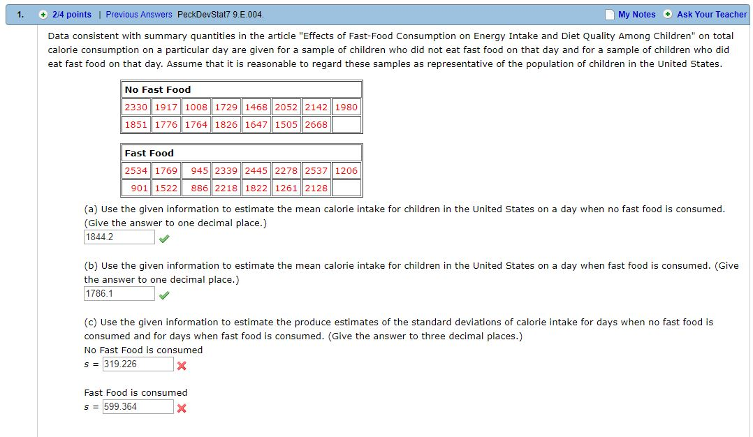 Solved 1. + 2/4 points | Previous Answers PeckDevStat7 | Chegg.com