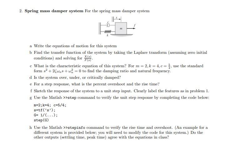 Solved 2. Spring mass damper system For the spring mass | Chegg.com